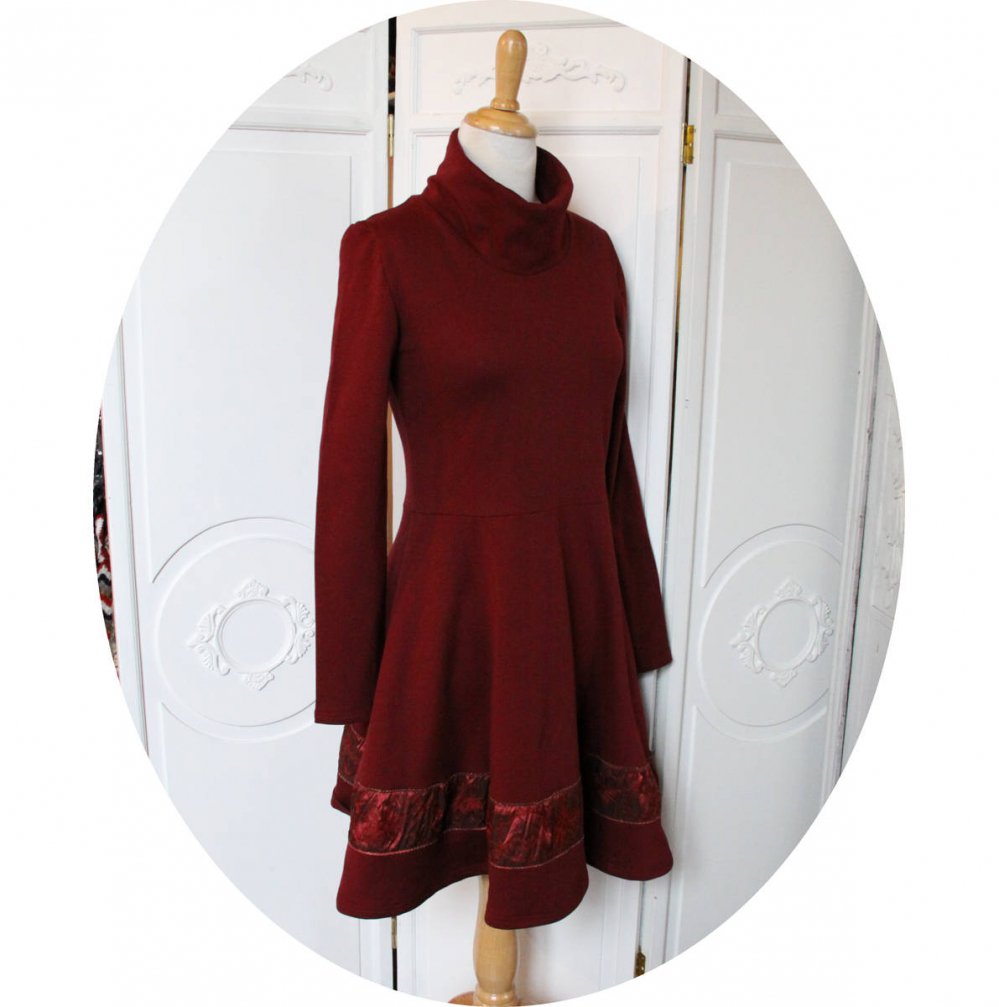 Robe courte evasee rouge bordeau en maille coton et galon,robe manches ...
